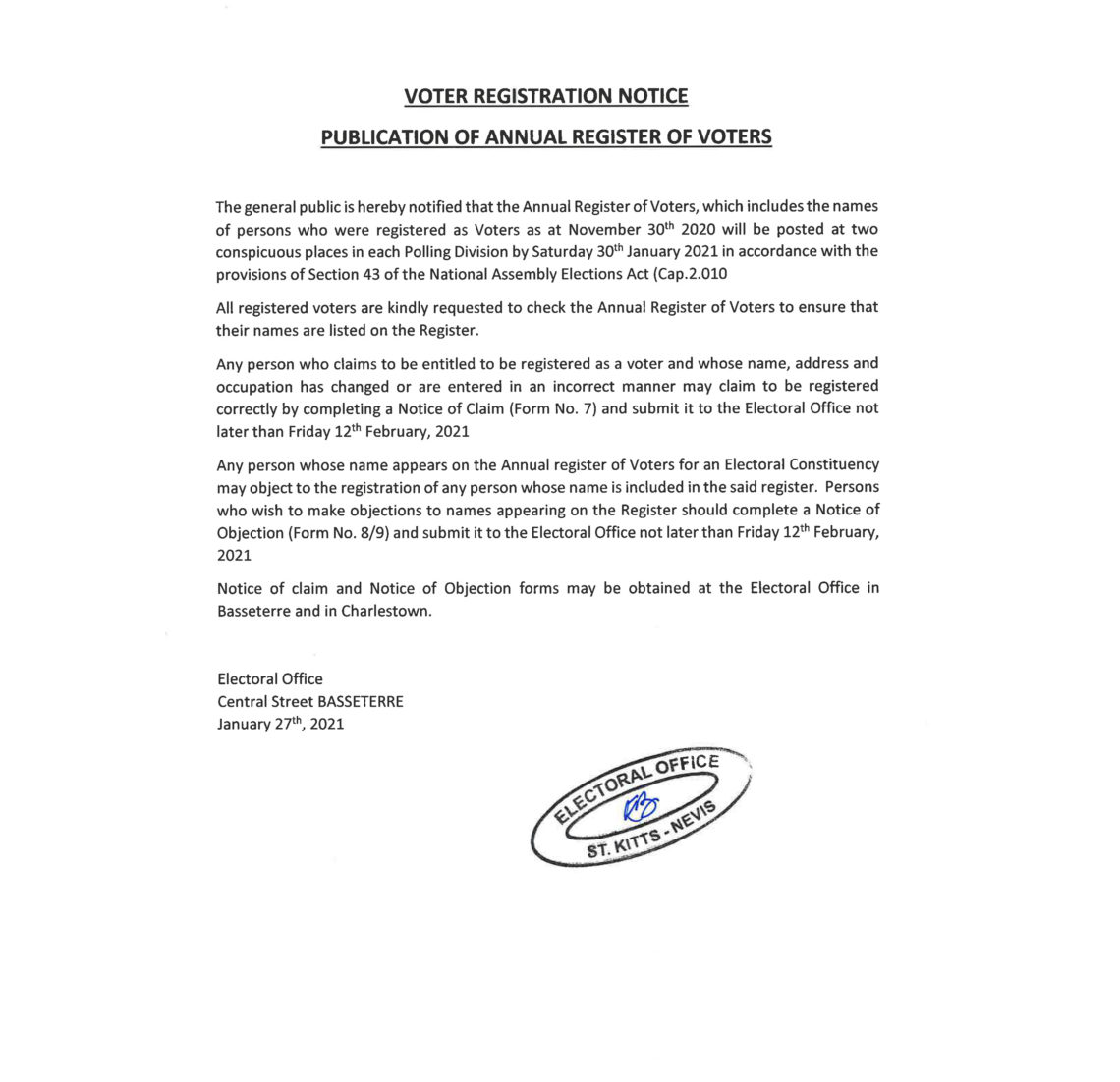 Voter Registration Notice - SKNIS