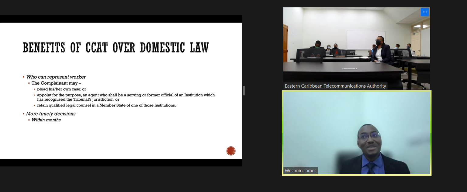 Justice Westmin James Tribunal Member of CCAT presenting to ECTEL staff ...