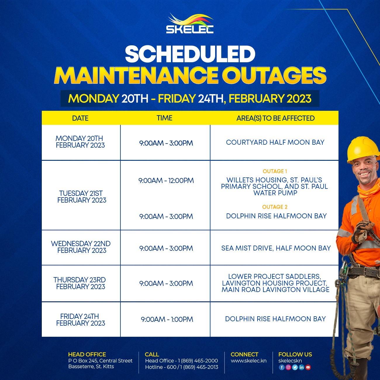 SCHEDULED MAINTENANCE OUTAGES FOR 20th- 24th FEBRUARY – SKNIS
