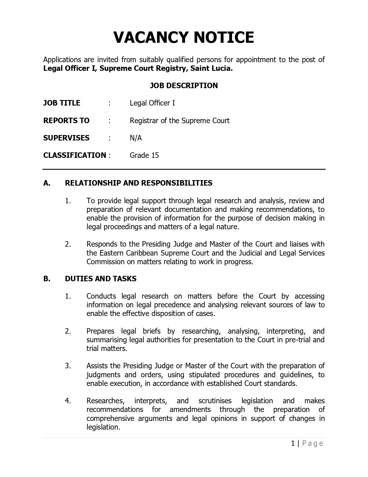 Vacancy Notice - Legal Officer I - Supreme Court Registry, SLU ...