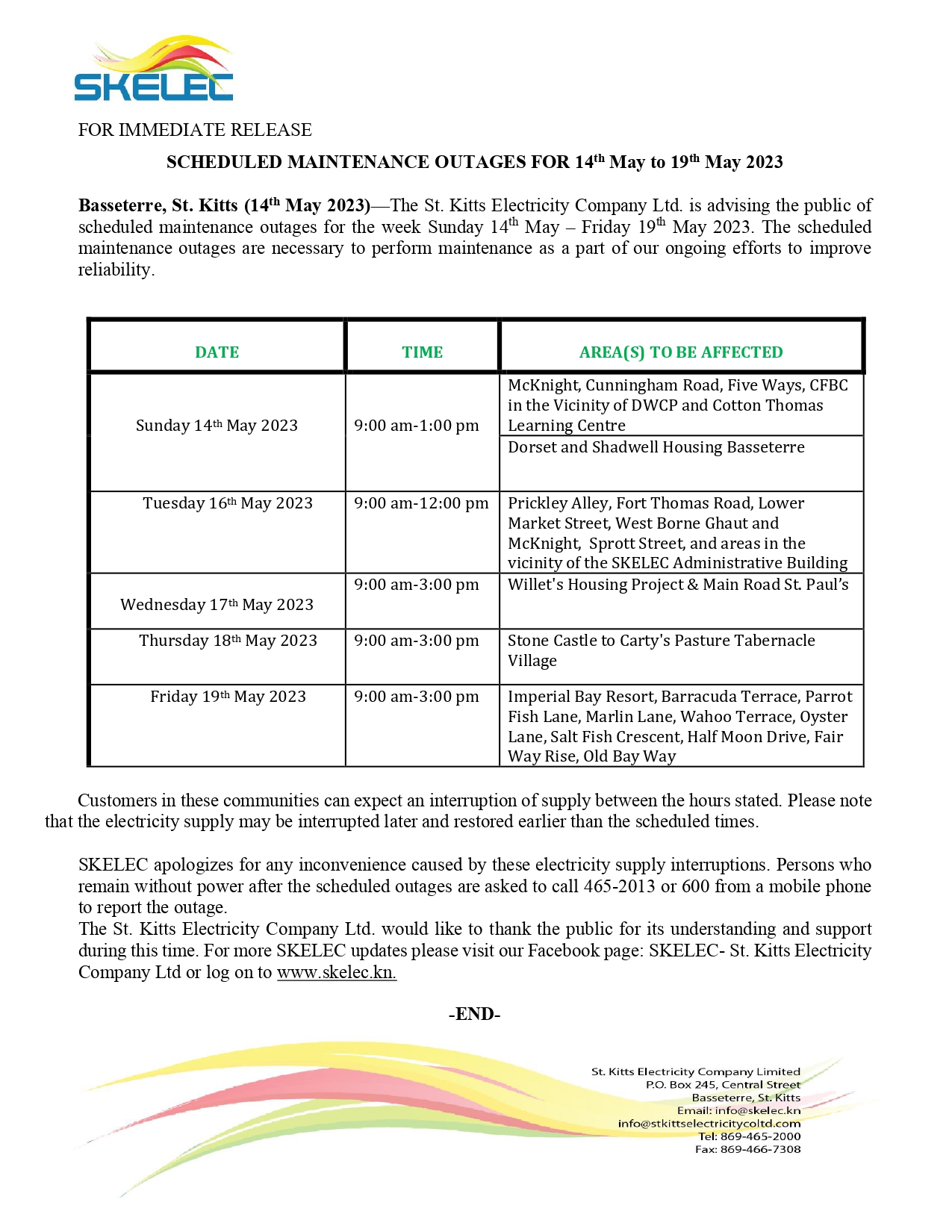 SCHEDULED MAINTENANCE OUTAGES FOR 14th May to 19th May 2023 – SKNIS