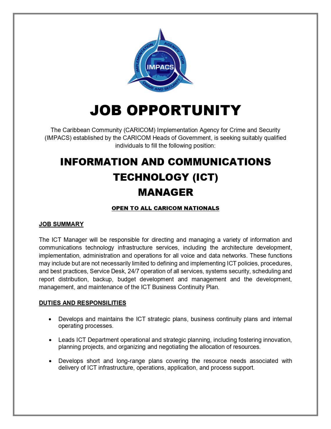 INFORMATION AND COMMUNICATIONS TECHNOLOGY (ICT) MANAGER – SKNIS