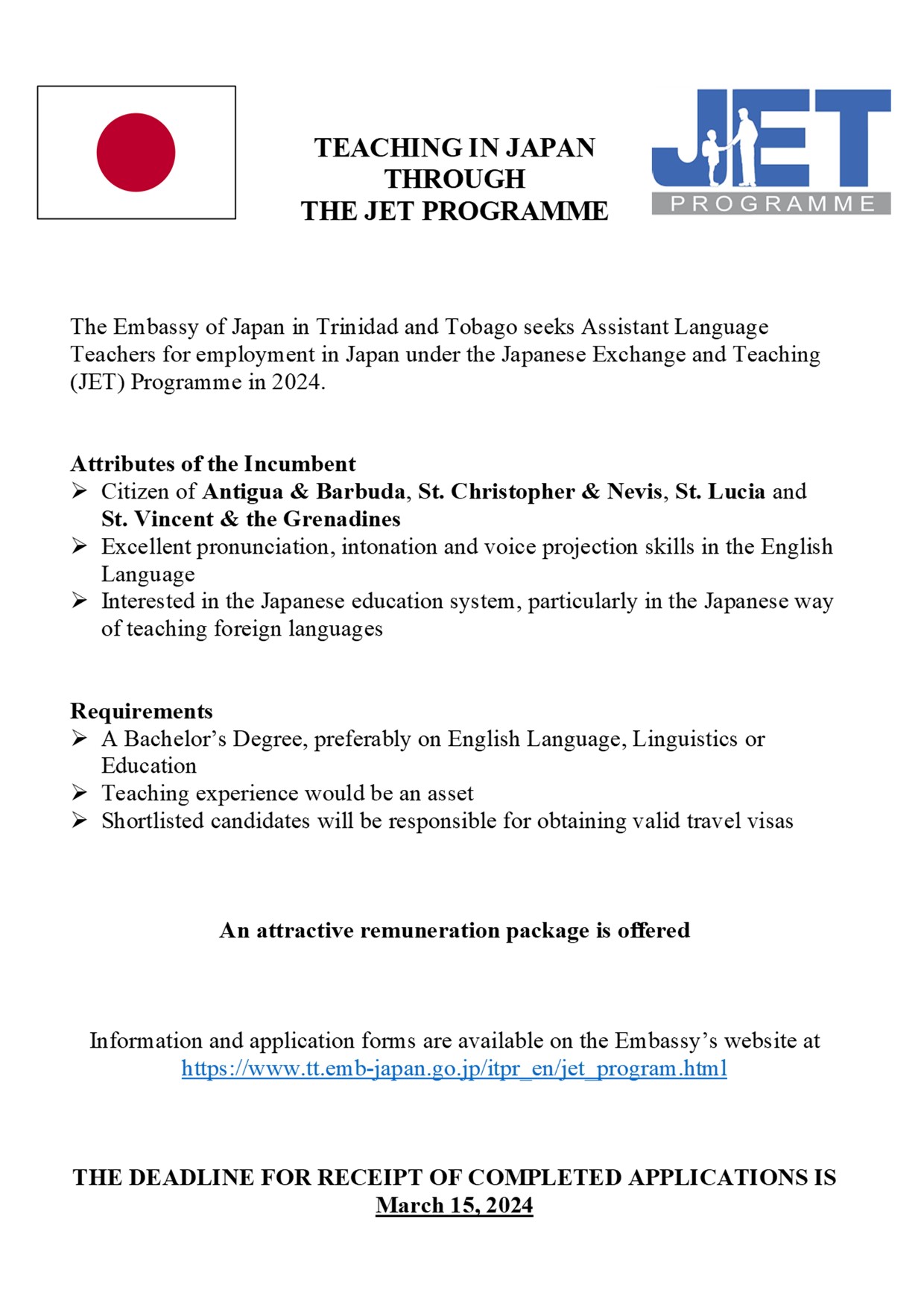 Japan Exchange and Teaching (JET) Programme – Extension of Deadline – SKNIS