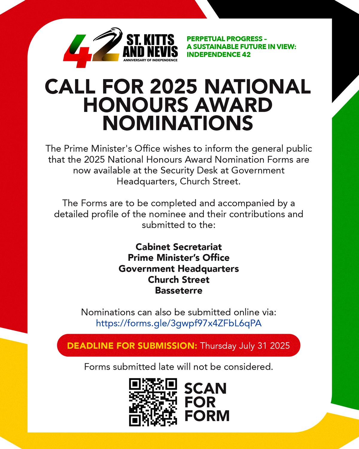 NOMINATIONS NOW OPEN FOR 2025 NATIONAL HONOURS AWARDS IN SAINT KITTS ...